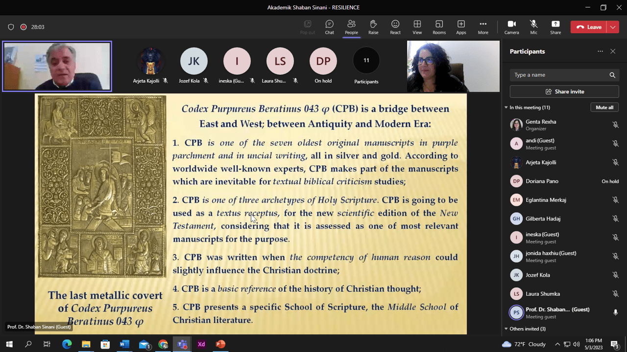 “RESILIENCE” Webinar “Codex Purpureus Beratinus” in UNESCO’s “Memory of the World” Programme ...