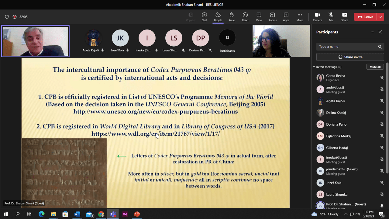 “RESILIENCE” Webinar “Codex Purpureus Beratinus” in UNESCO’s “Memory of the World” Programme ...